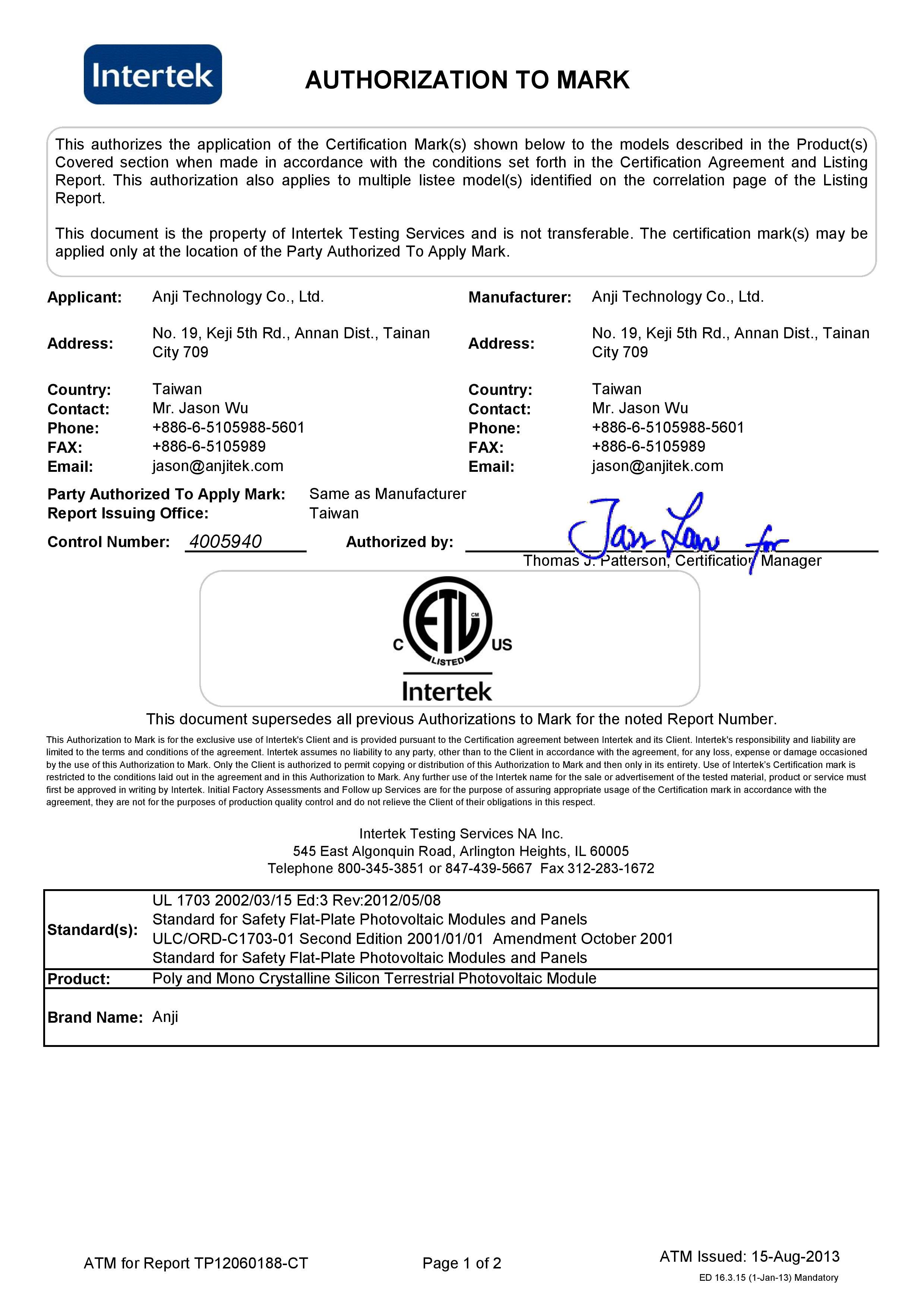 Intertek-UL_6 Poly Solar Module_Page 1