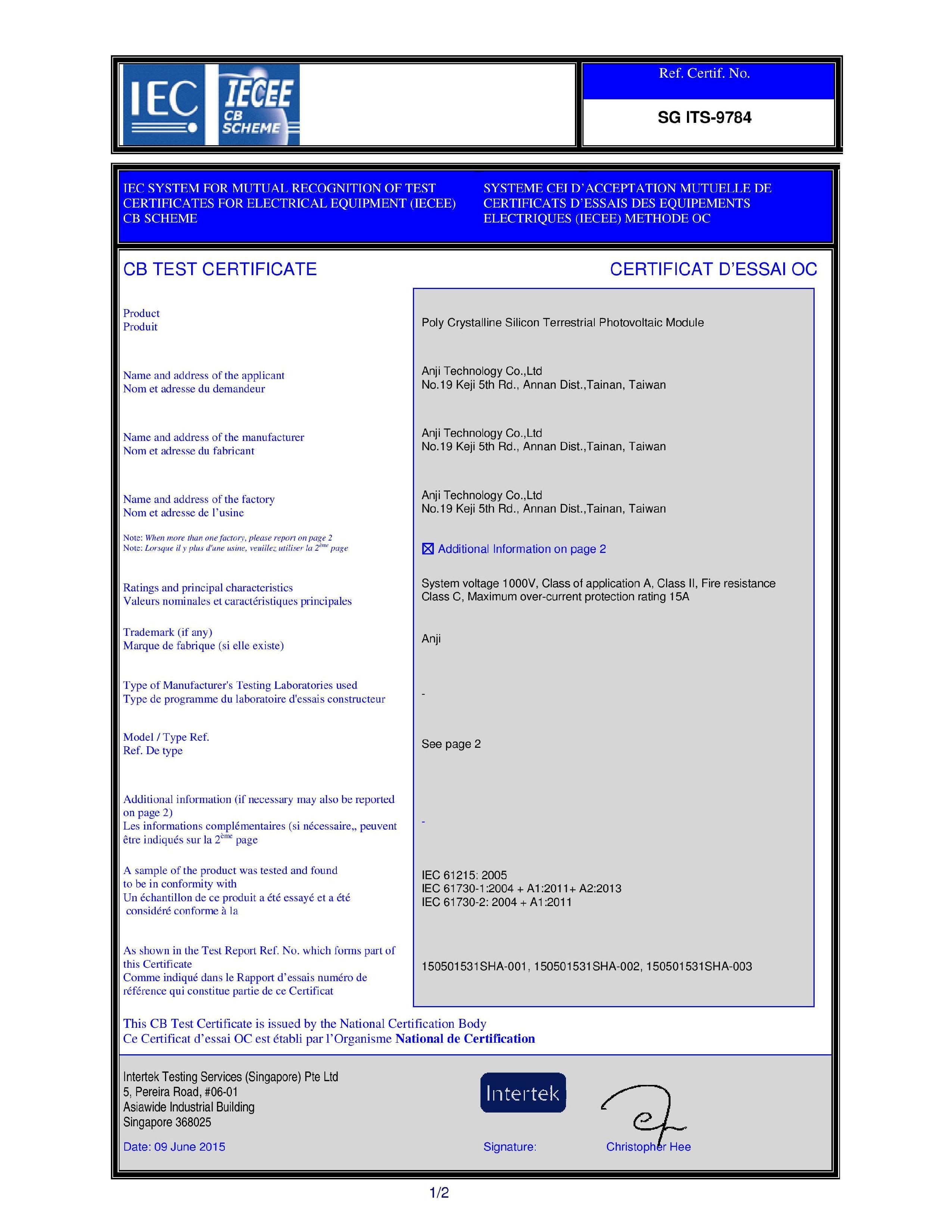 Intertek_IEC_6 Poly Solar Module_Page 1 - ANJI TECHNOLOGY
